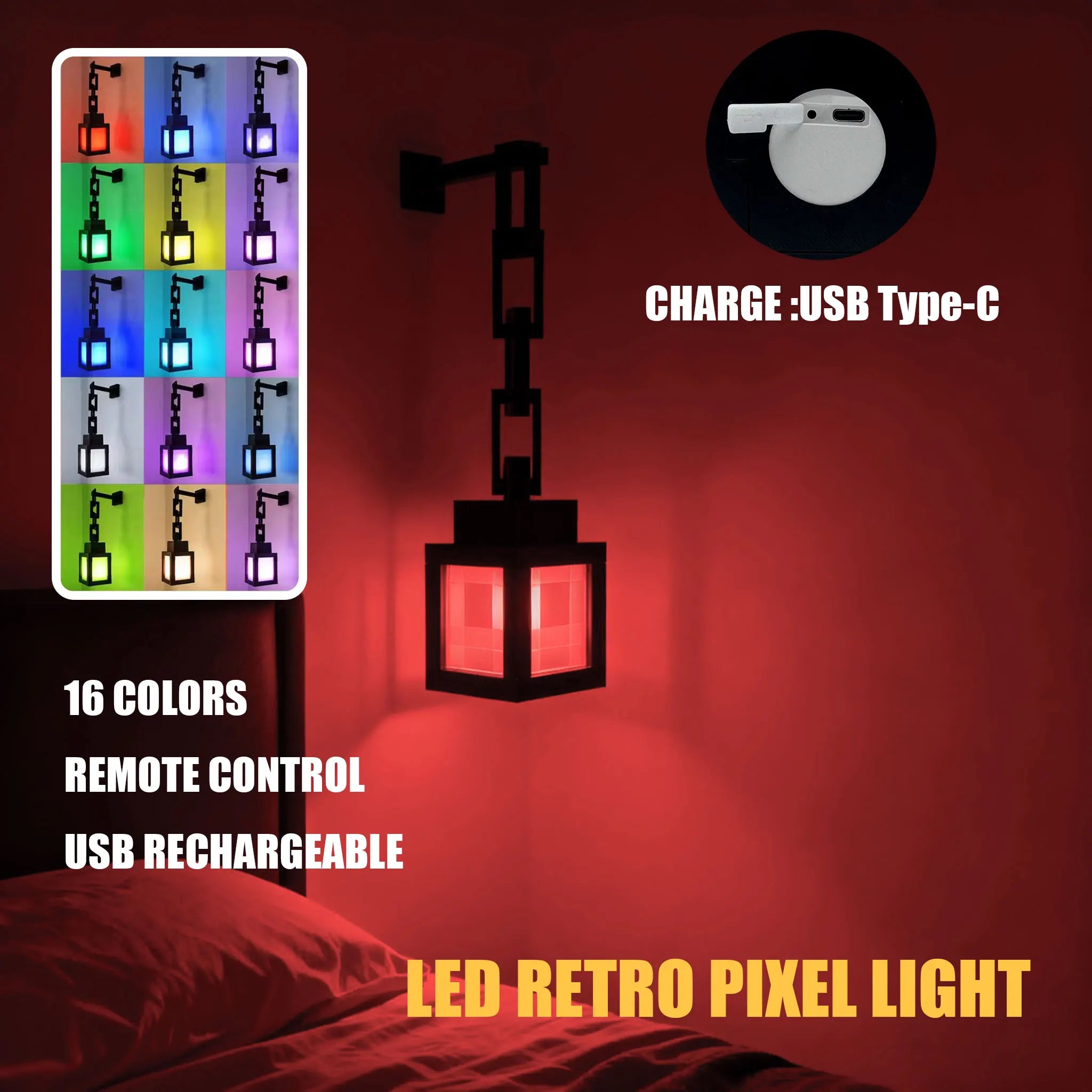 Pixel Style Night Light Portable Lantern Tabletop Ornament 16 Colors L ...