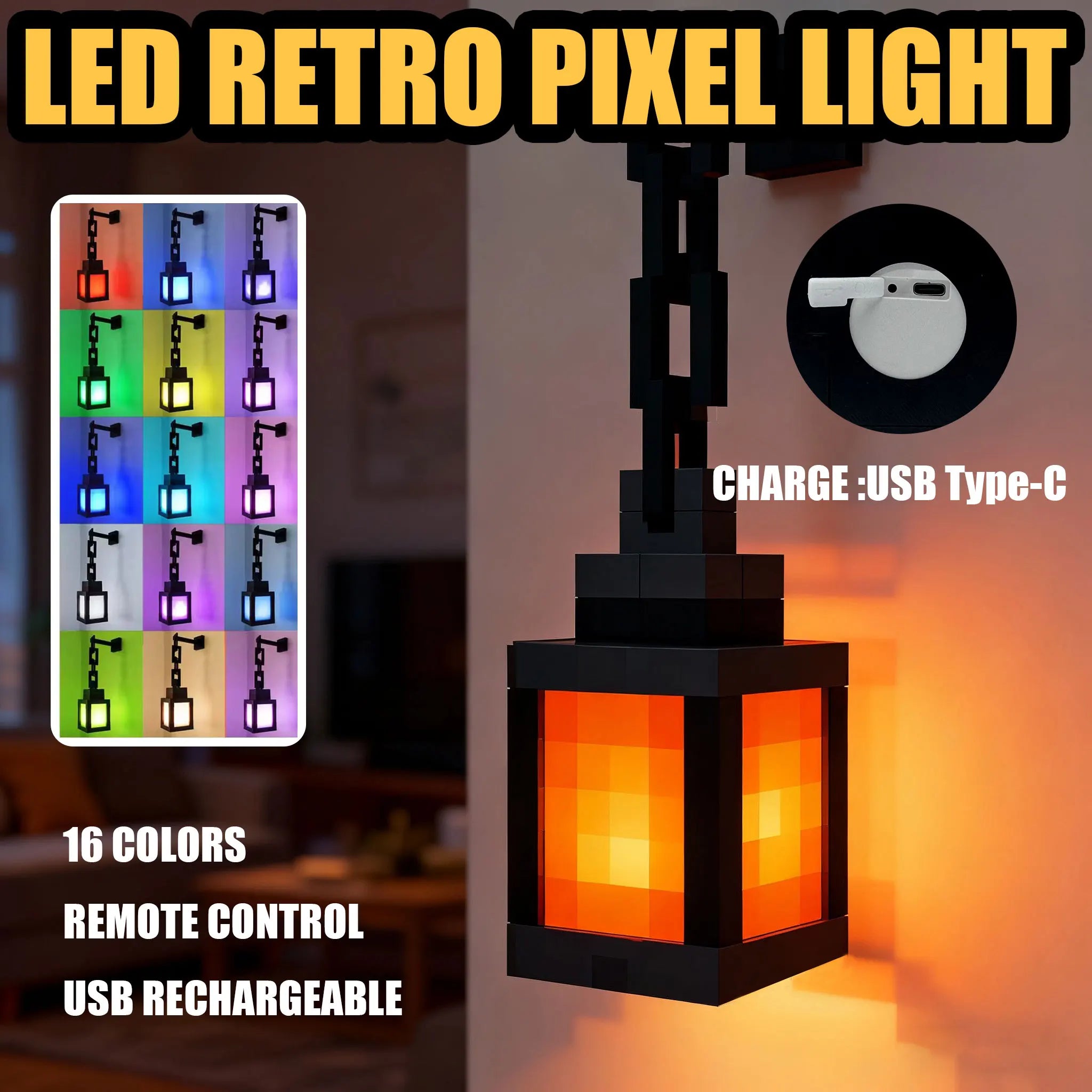 Pixel Style Night Light Portable Lantern Tabletop Ornament 16 Colors L ...